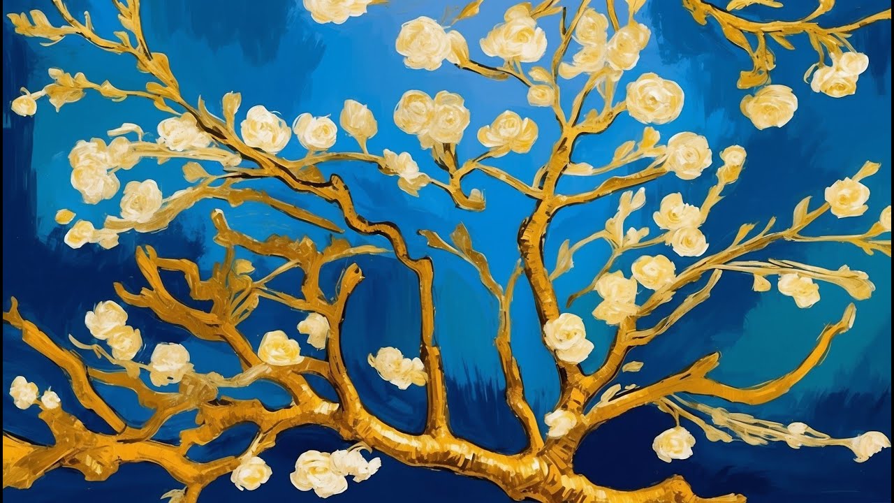 Blossoming sakura branch. Van Gogh motives. Beautiful background for TV ...