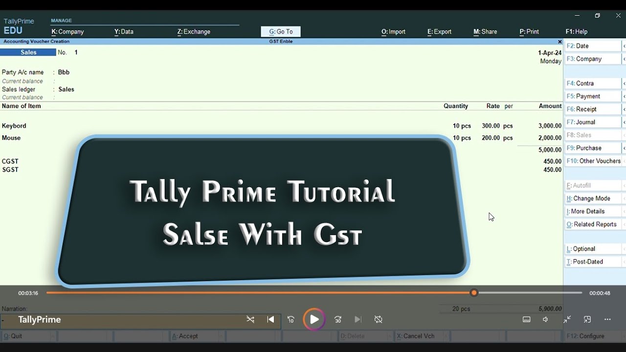 Tally Prime Tutorial : Sales With GST step-by-step guide with Example. - YouTube