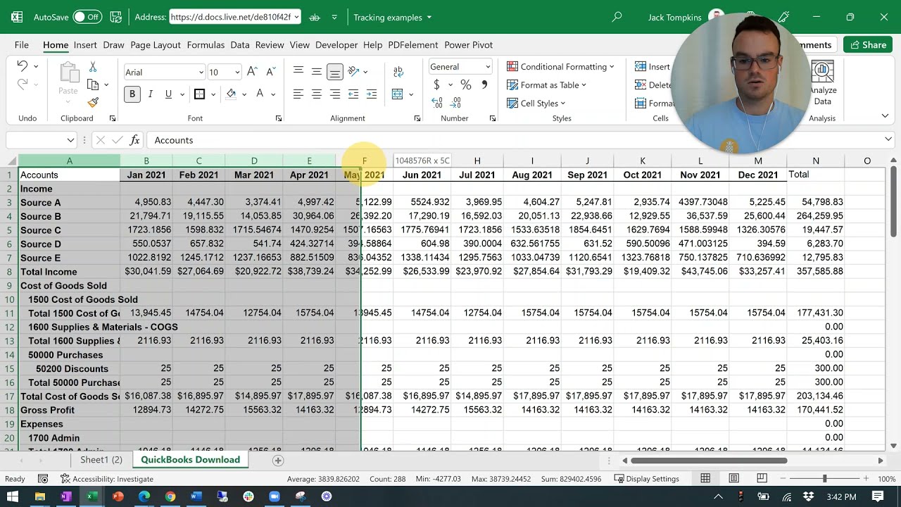 Excel Revenue Goal Tracker; Basic Creation from QuickBooks Online - YouTube