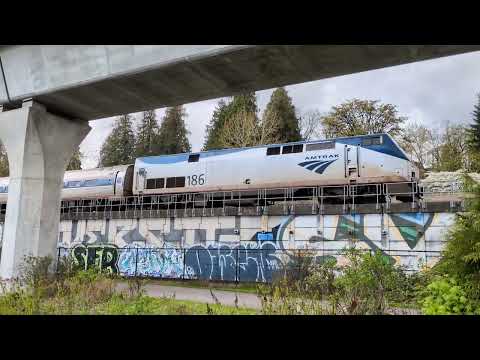Amtrak P42DC 186 leads Cascades Train 516northbd off Fraser River Bridge New Westminster BC ...