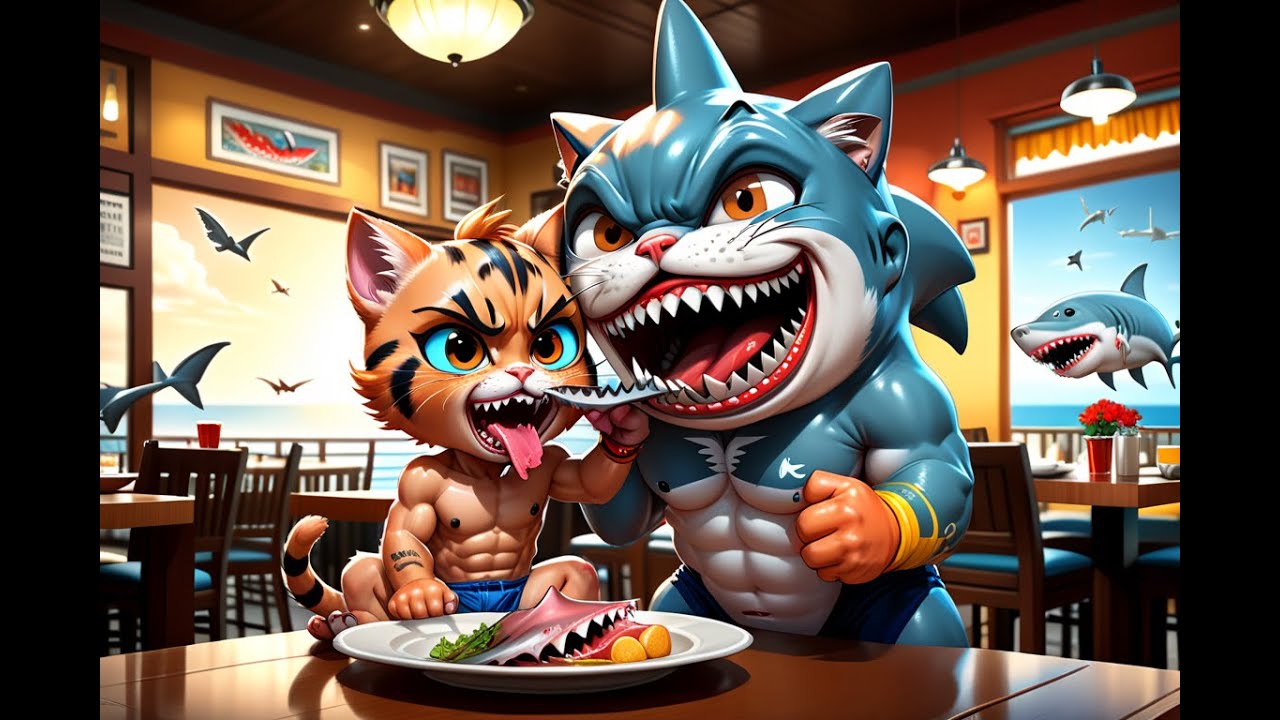 cute cat meet shark,What to do with cat? 2 #cats #catvideo #ai #cute # ...