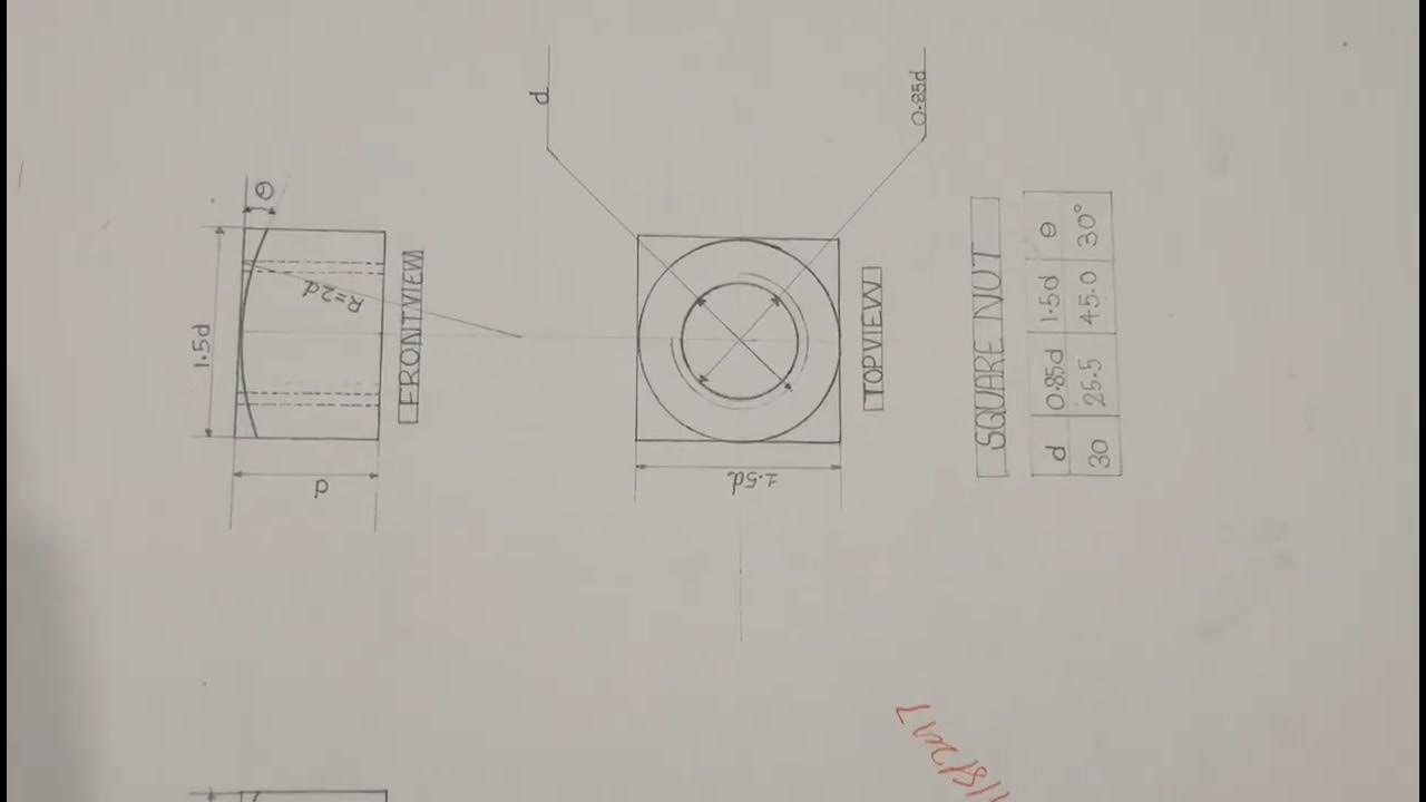sketch of hexagonal nut and square nut ( engineering graphics ) - YouTube