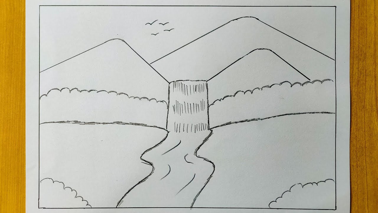 Easy scenery drawing || Easy river drawing || waterfall Scenery drawing ...