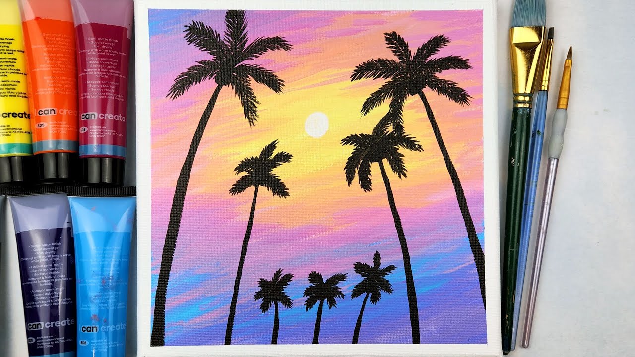Palm Trees on Colorful Sky | Acrylic Painting for Beginners | Step by ...