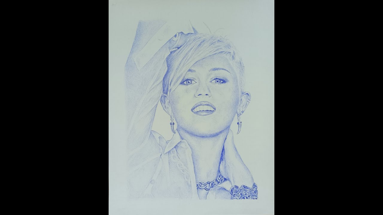 Two minute time lapse drawing of Miley Cyrus | A blue ballpoint drawing ...