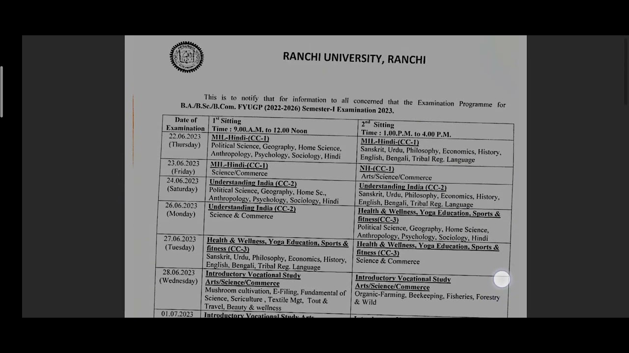 Ranchi University||semester 1 fyug||Date sheet - YouTube