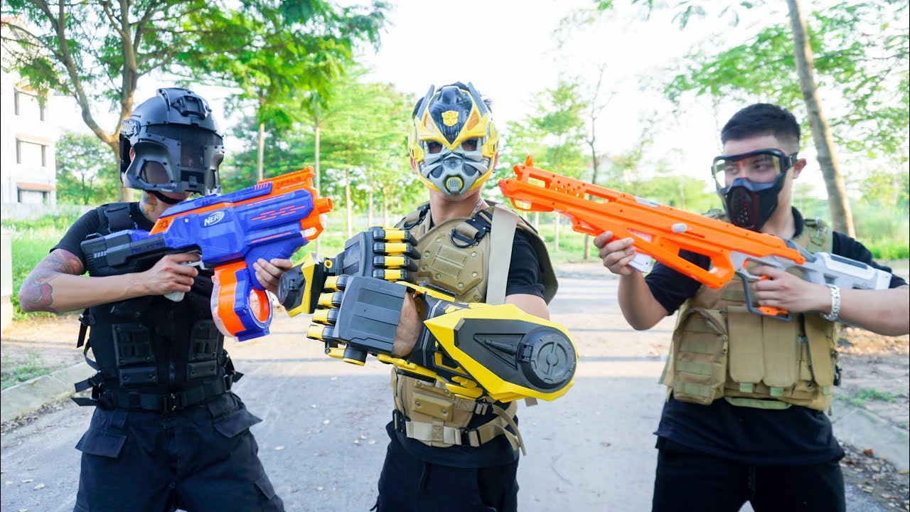 Nerf War: MASK SWAT Nerf Guns Counter Strike Black Mask Team Gatling ...