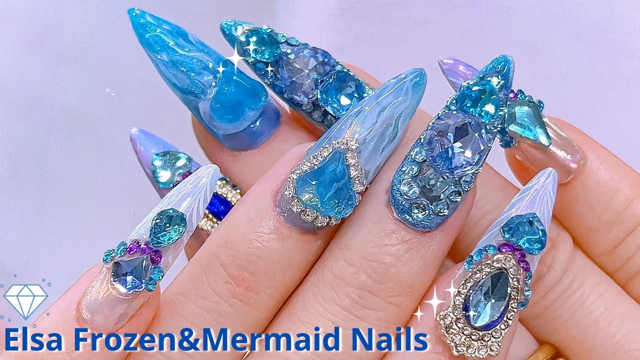 sub）Blue Disney Elsa frozen&Mermaid Nail|2024 nails|Nail Tutorial|Self ...