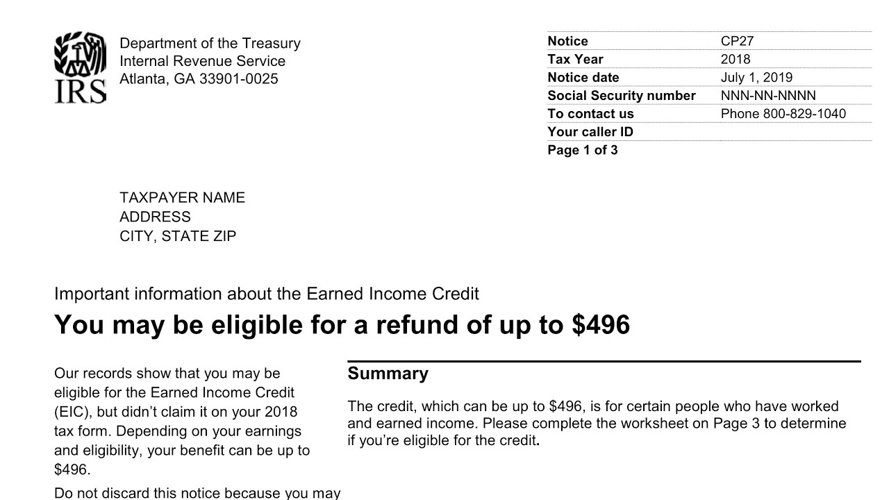 How to understand your CP27 Notice (IRS Tax Credit - Earned Income ...