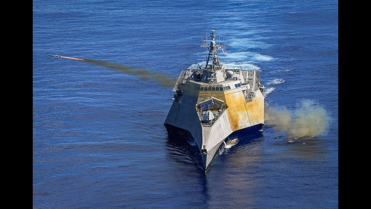 USS Gabrielle Giffords (LCS 10) launches a Naval Strike Missile during ...