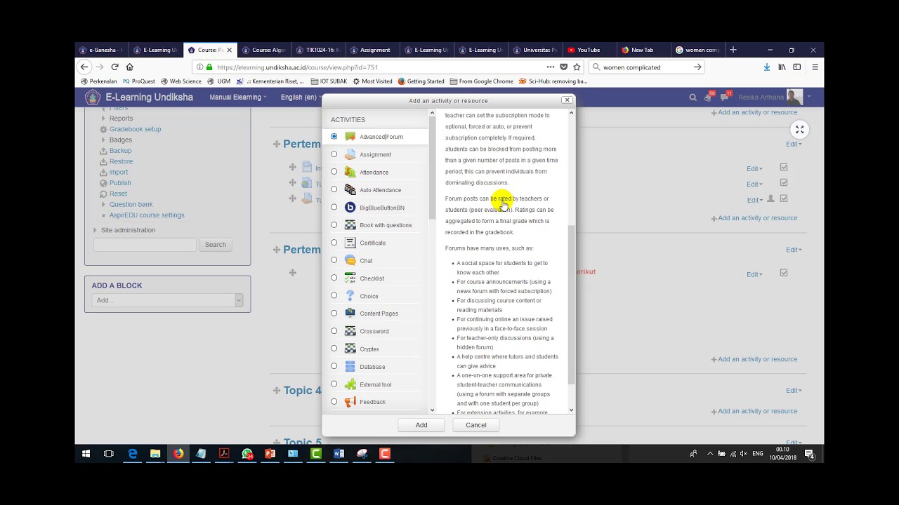 4 mengelola aktivitas pembelajaran pada elearning Undiksha - YouTube