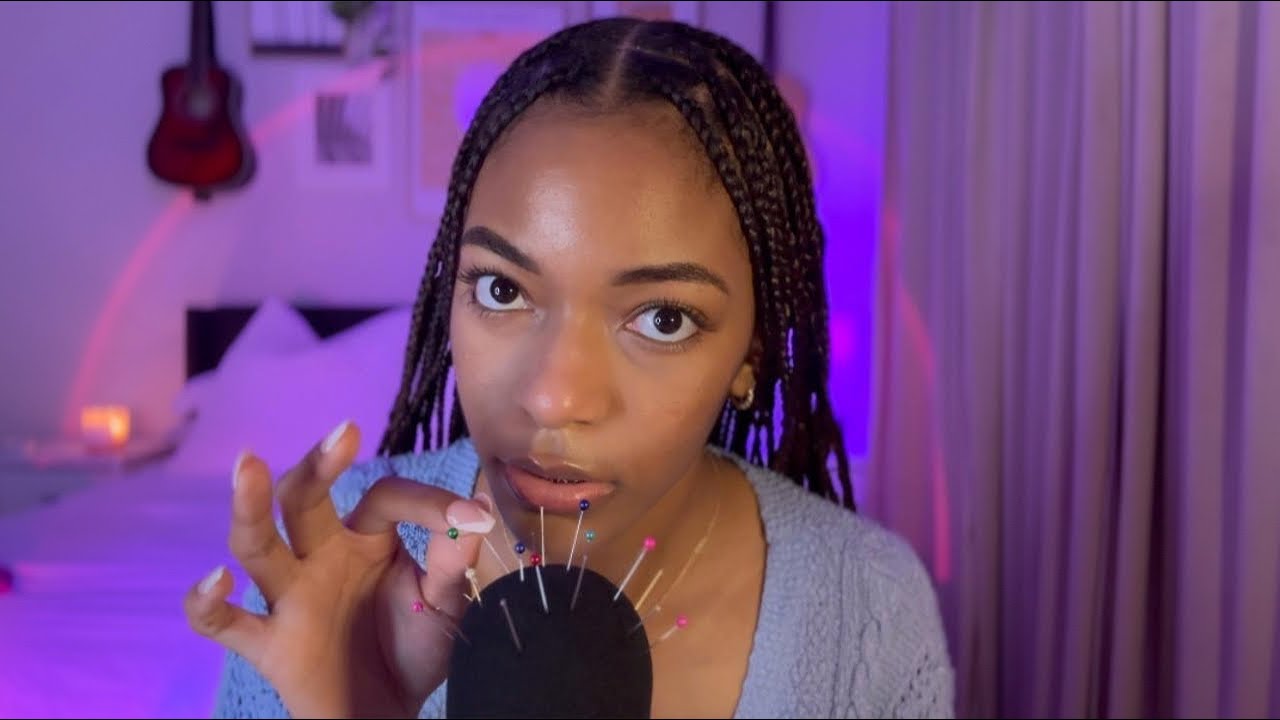 ASMR pen and needle mic plucking (mic hand brushing and nail tapping ...