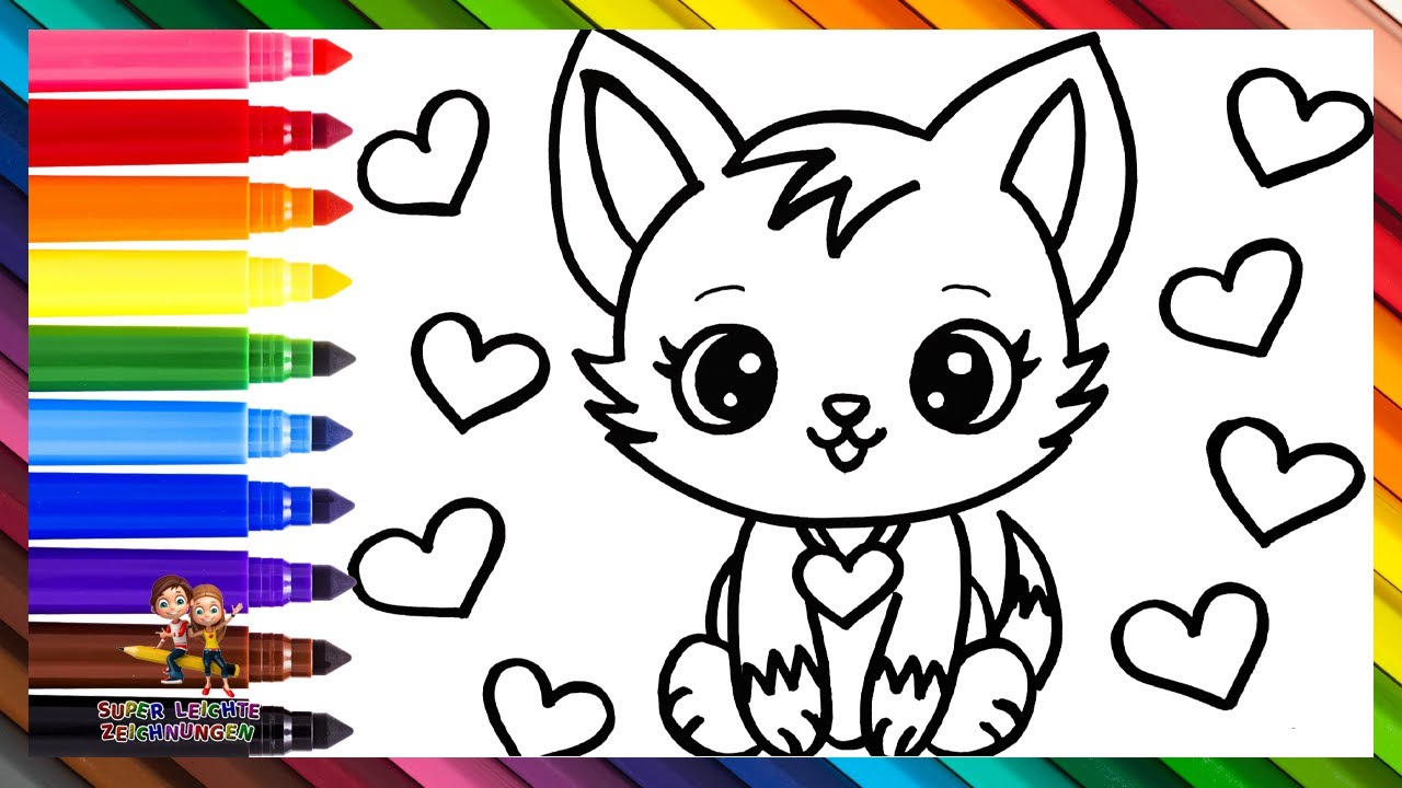 Zeichnen Und Ausmalen Einer Niedlichen Katze 🐈🌈 Zeichnungen Für Kinder ...