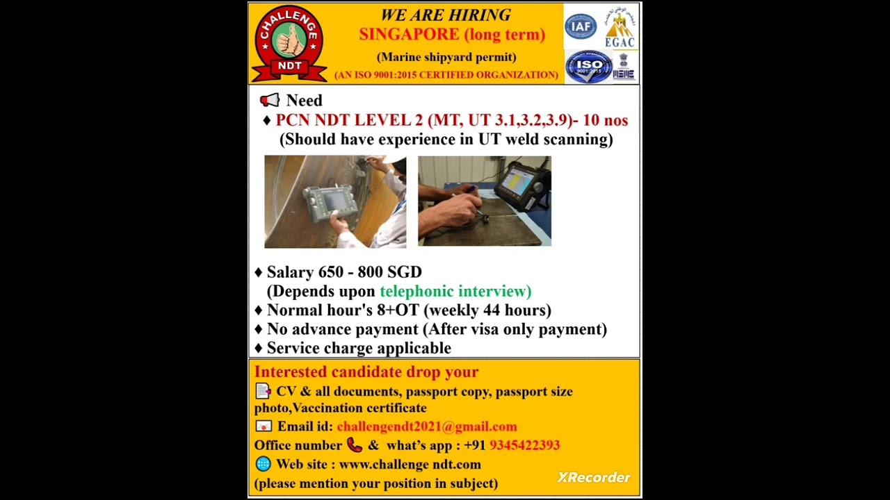 Singapore job NDT PCN NDT inspector (UT,MT) - YouTube