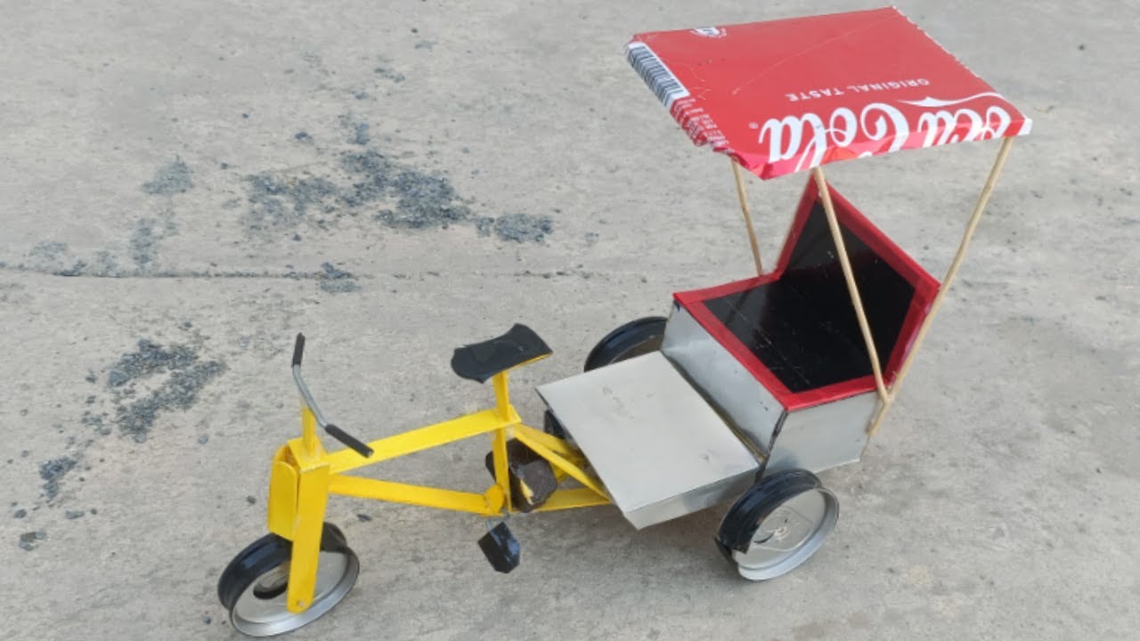 How to make a mini bicycle rickshaw with soda cans!! Diy to rickshaw at ...