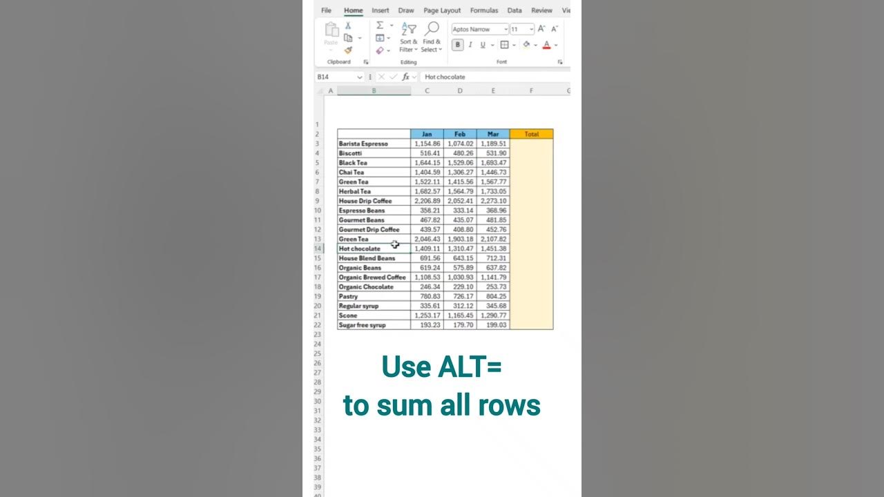 Excel - Use ALT Equals (=) to Sum Rows. #excel #exceltips #college #keyboard - YouTube