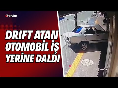 Drift atan otomobil iş yerine daldı, ortalık savaş alanına döndü