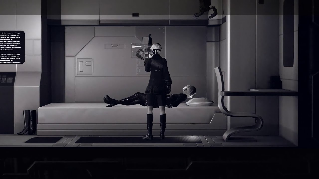 NieR: Automata - 111 Reboot (9S) - waking up at Bunker, calibrating 2B ...