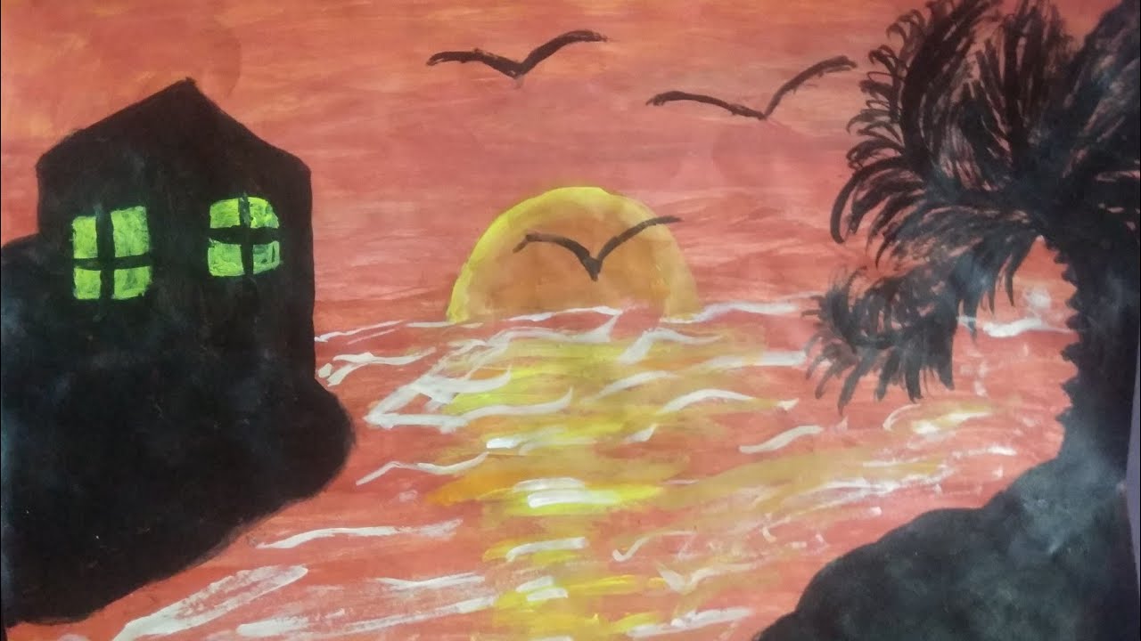 Sun Set Scenery Easy Drawing - YouTube