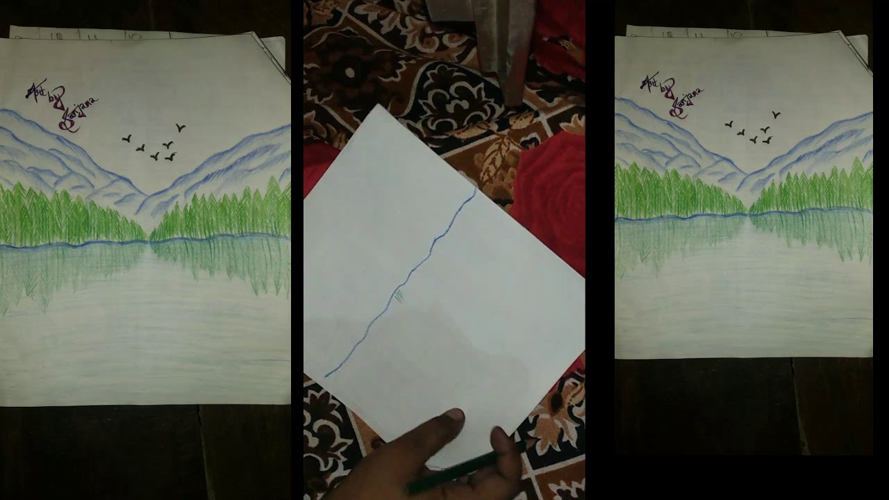 how to draw a mountain,how to draw a river easy - YouTube