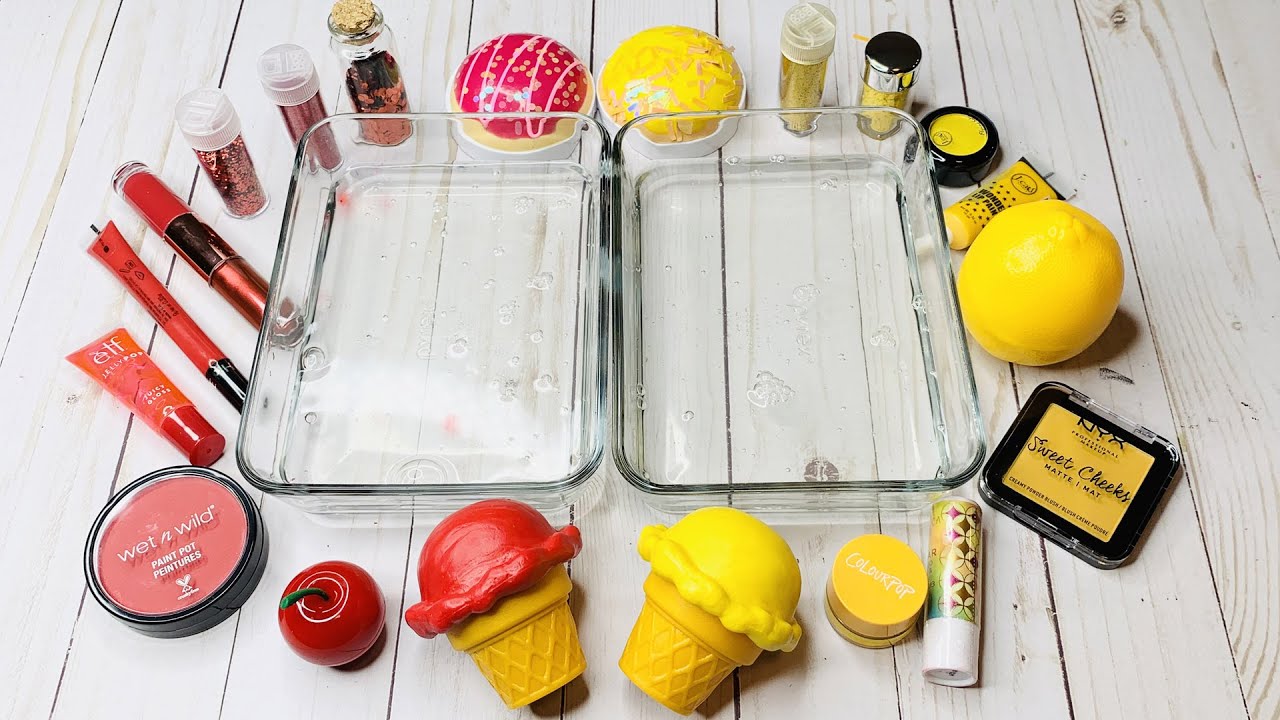 Red vs Yellow Mixing Makeup into Clear Slime | Makeup Slime Destruction ...