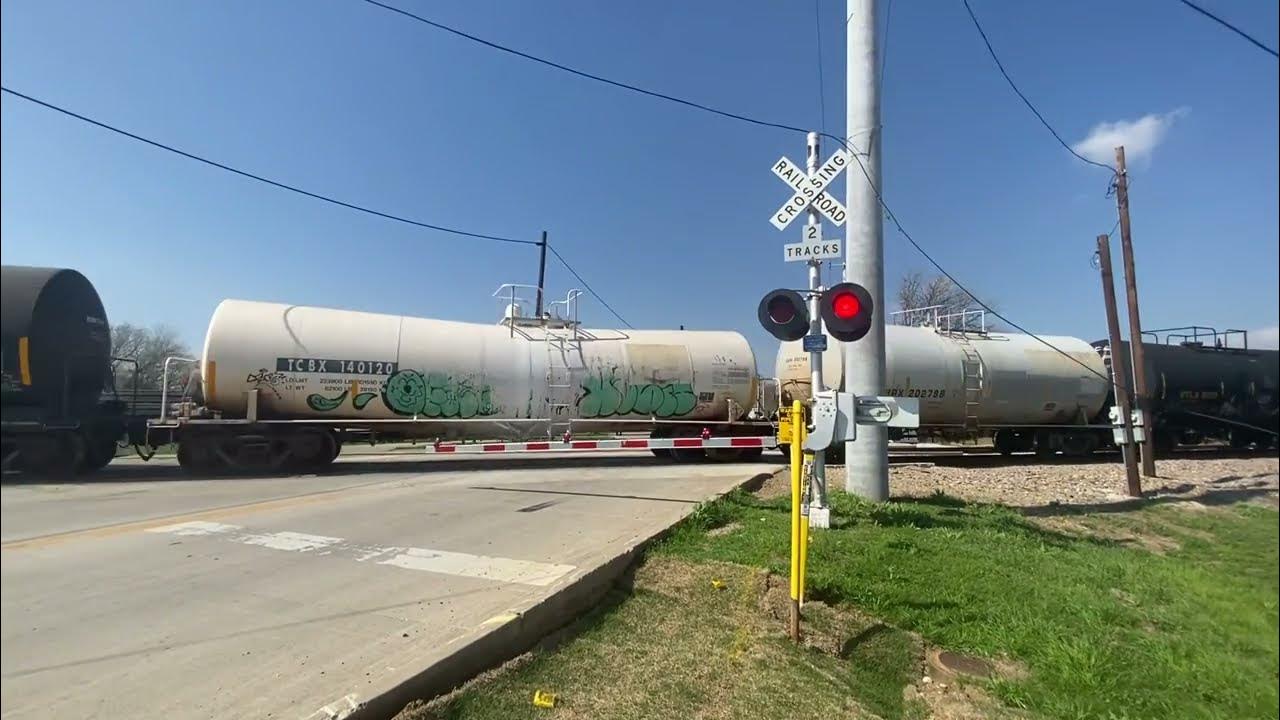 BNSF 8371 Manifest Train with BNSF GP35 2522 N Denton Dr Railroad Crossing Downtown Carrollton ...