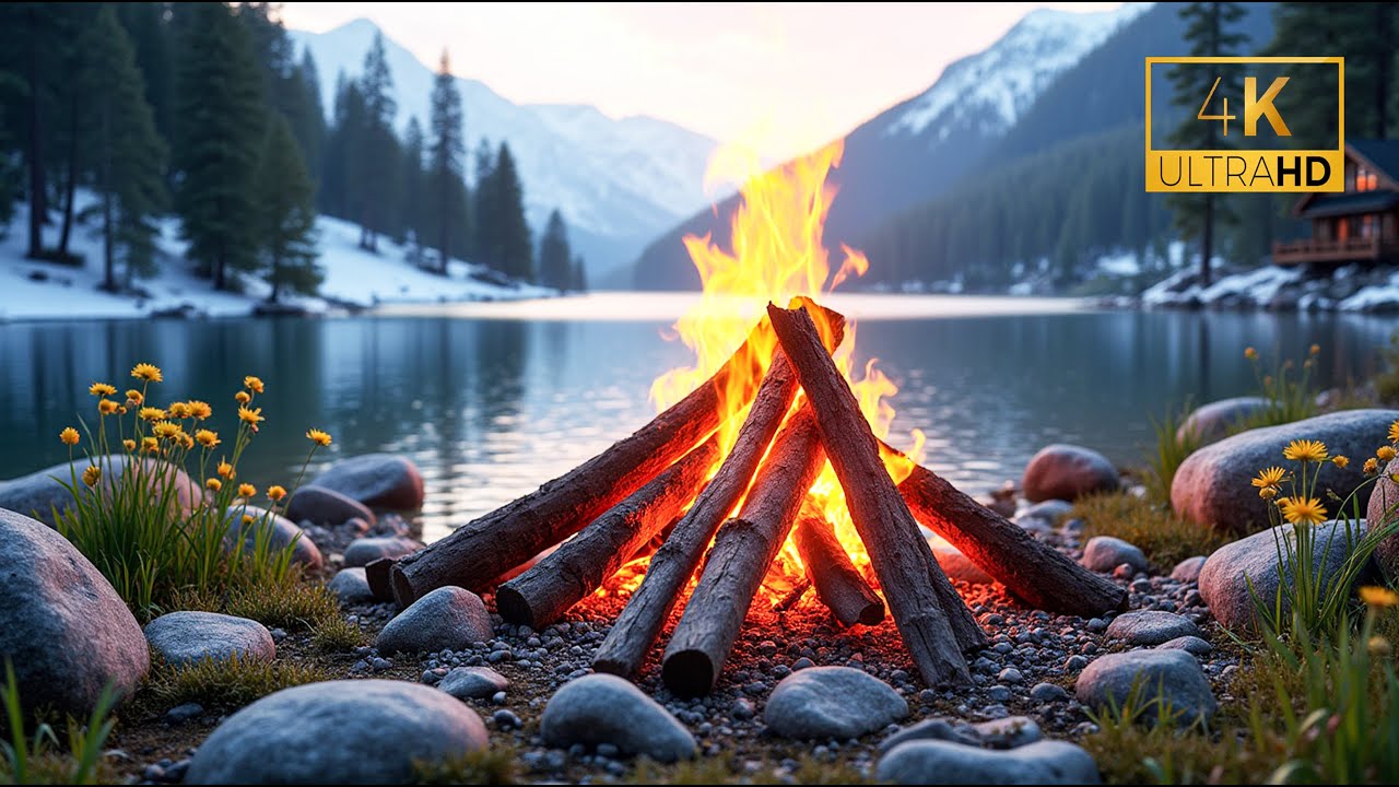 Cozy Campfire Serenity: 4K Spring Forest Sunrise by Lake with Mountain ...