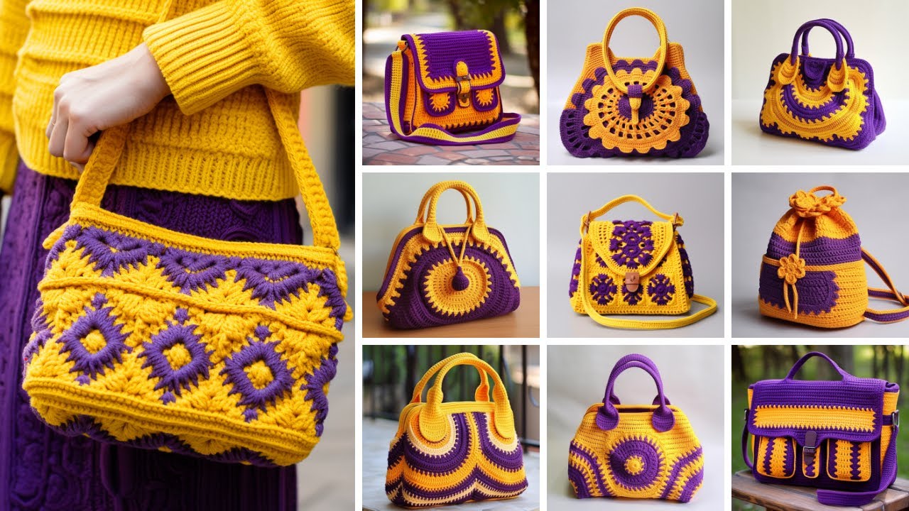 CROCHET BAG MODEL DESIGN IDEAS COLOR COMBINATION #YELLOW PURPLE WOOL # ...