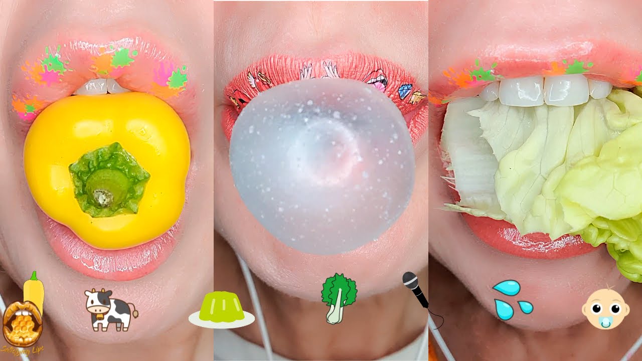 ASMR Eating Satisfying Emoji Food Challenge Bubble Gum Pepper Lettuce ...