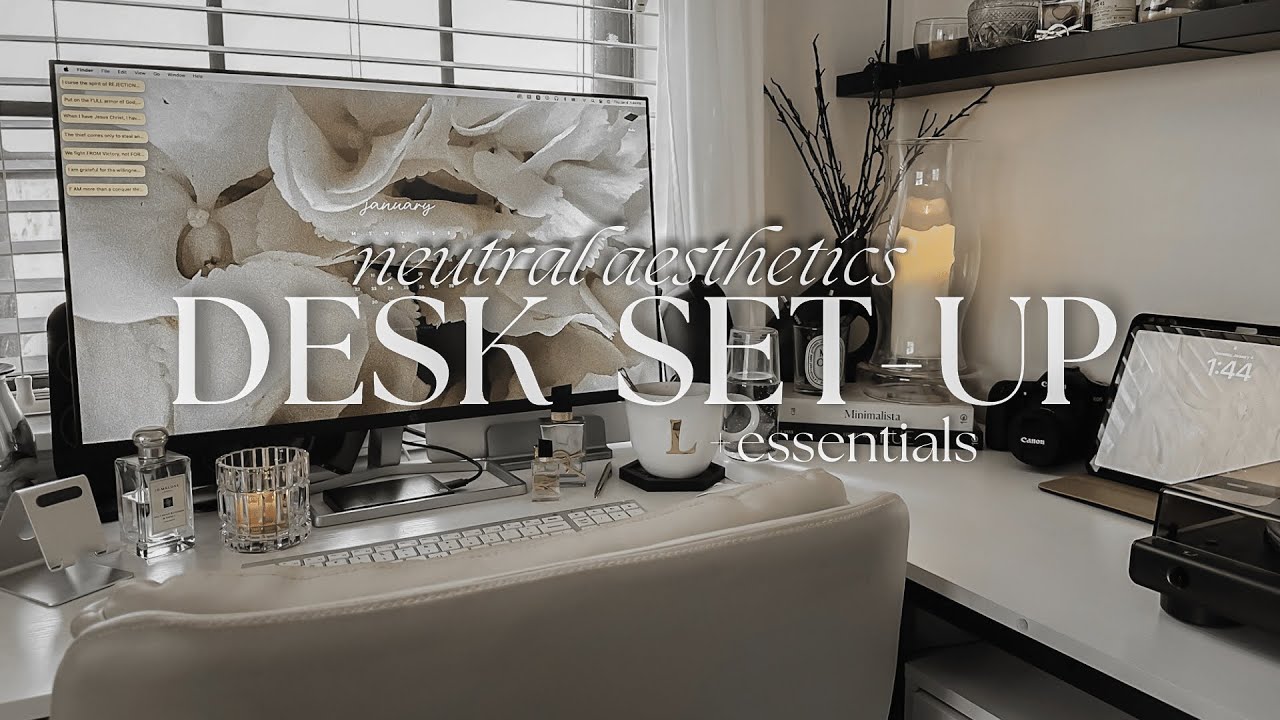 Desk Tour Aesthetic 2024 | neutral aesthetic desk tour, productive desk ...