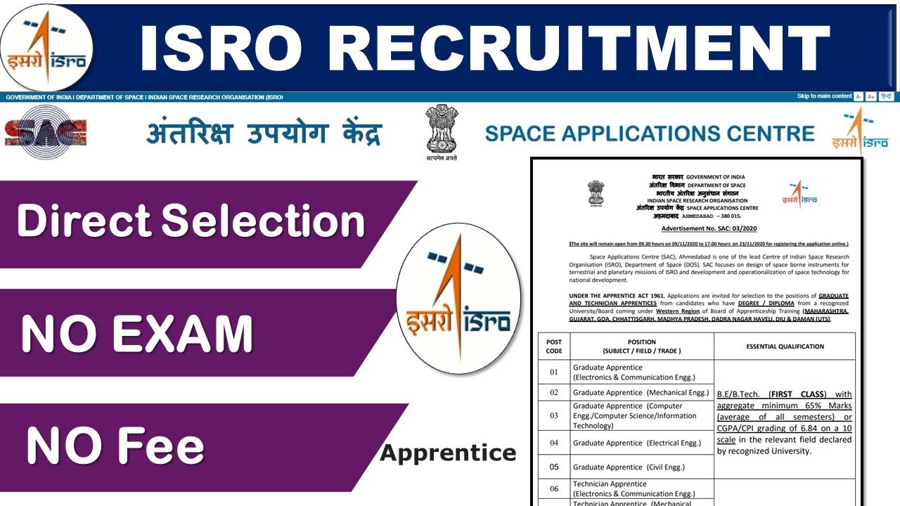 ISRO SAC Recruitment 2020 || Full Detail to Apply ISRO Space ...