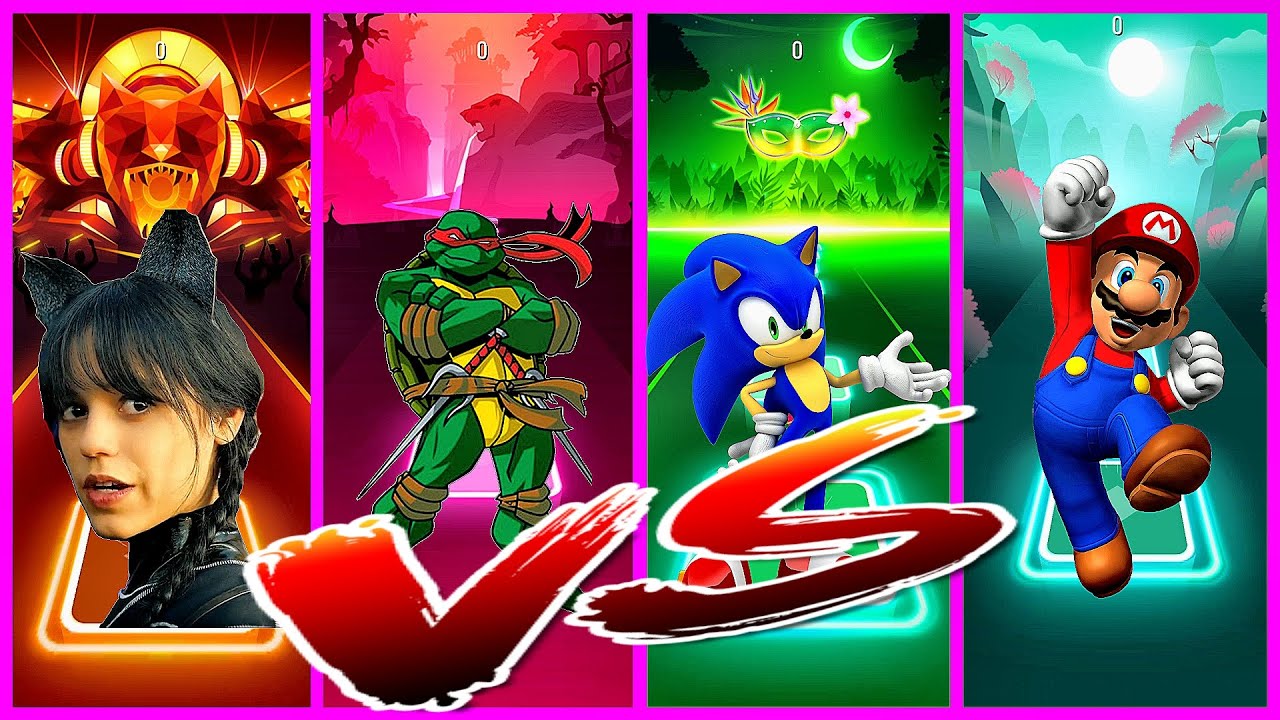 Wednesday VS Ninja Turtles VS Sonic VS Super Mario Tiles Hop Game - YouTube