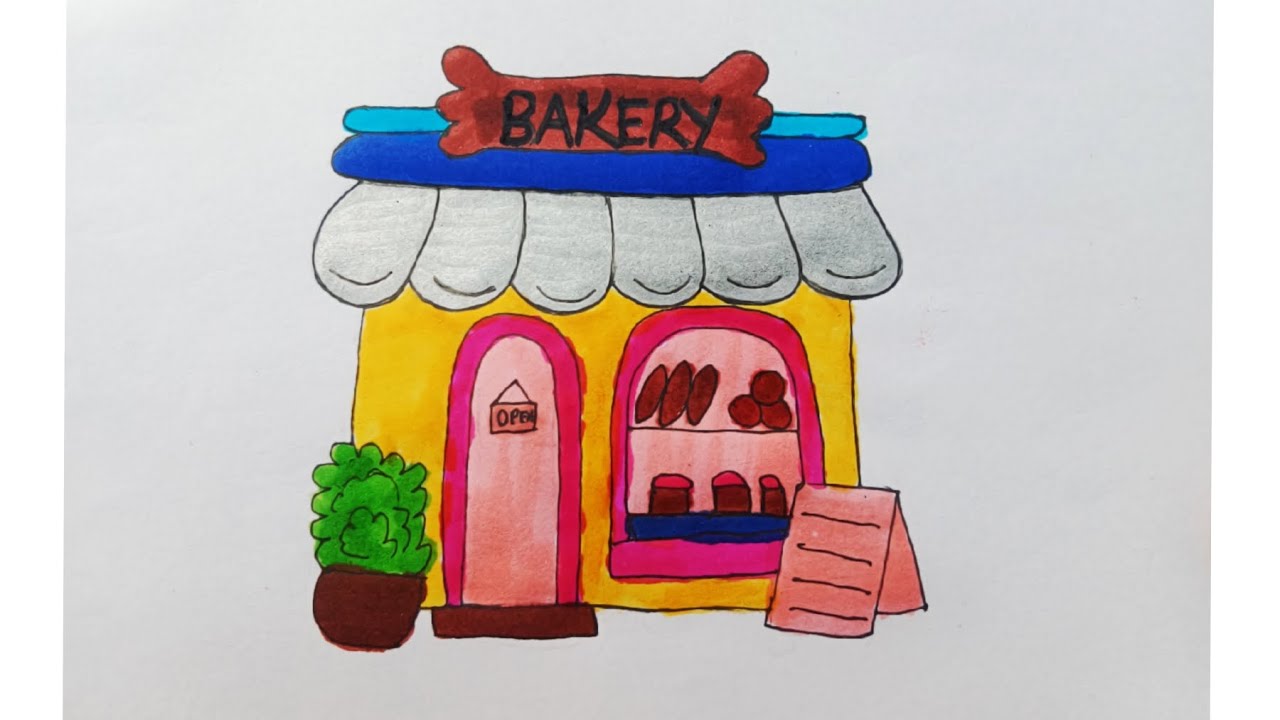 Bakery shop drawing & painting easy step by step / How to draw a shop ...