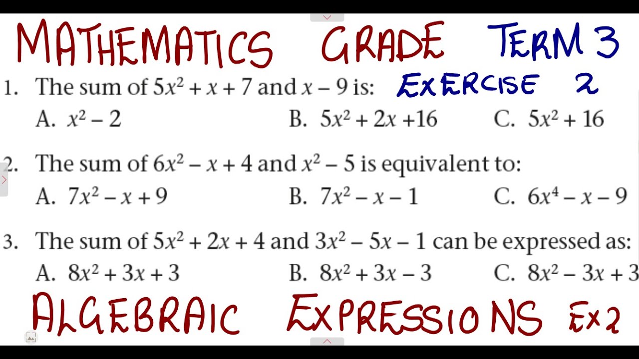 Mathematics Grade 8 Algebraic Expressions Exercise 2 Term 3 ...