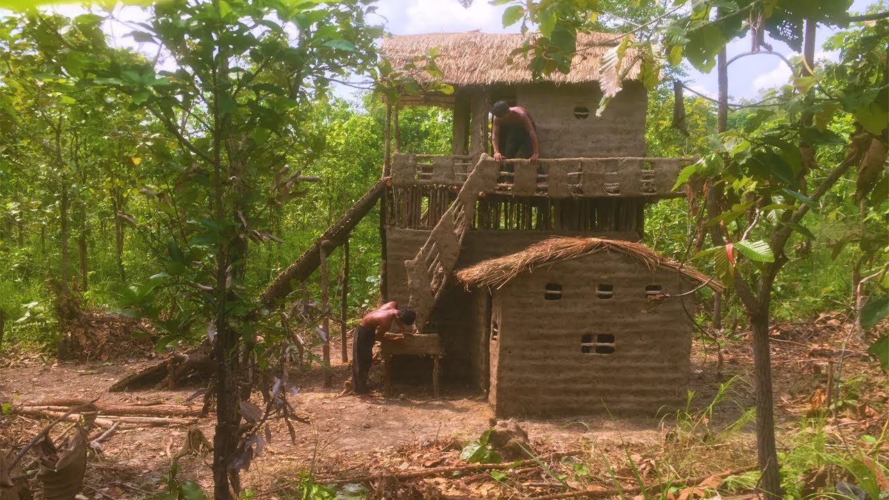 Build Two Story Mud House With Twin Water Slide (part 2) - YouTube