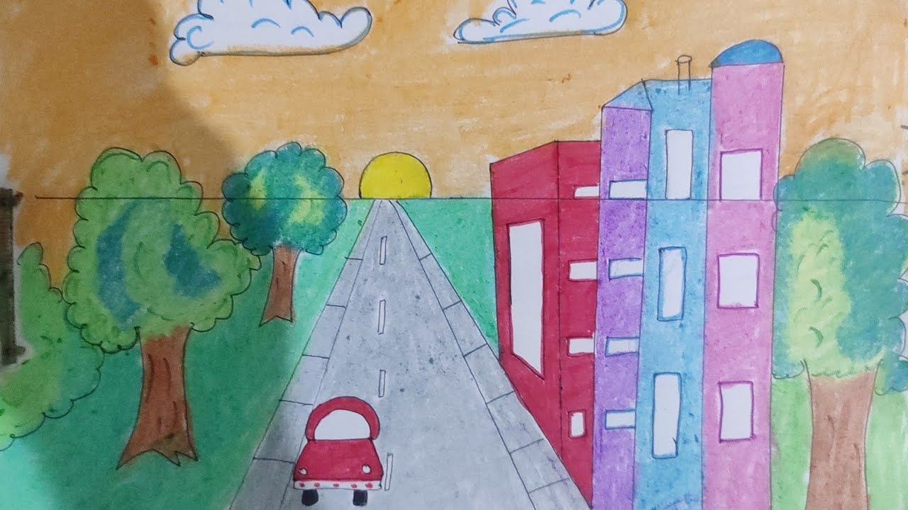 How to draw a city road scenery in 1-point perspective - YouTube