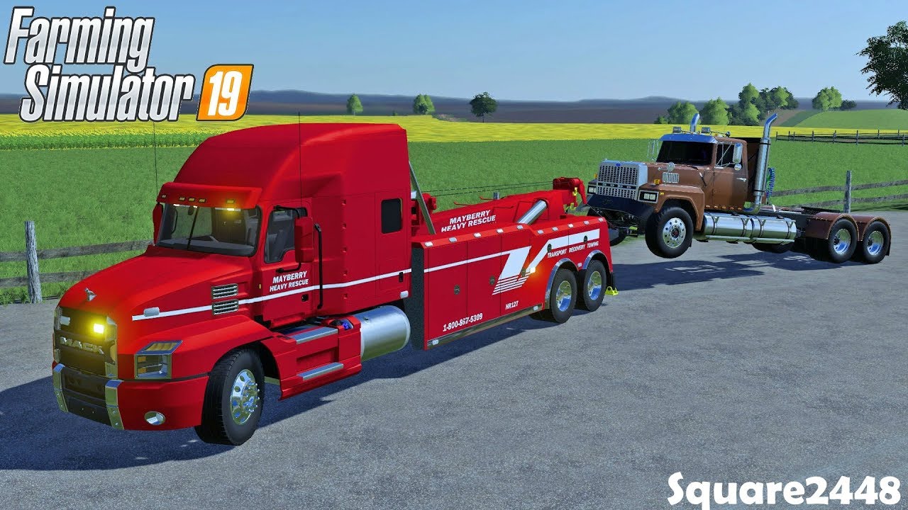 Mack Anthem Heavy Wrecker Hauling 30 Year Old Ford Semi Truck | Farming ...