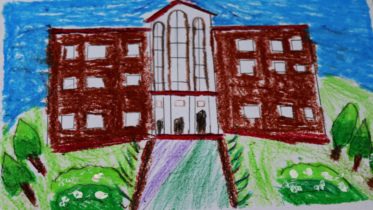 🌲 School view 🌲 How to draw a school scene🌲 Beautiful school view 🌲 ...