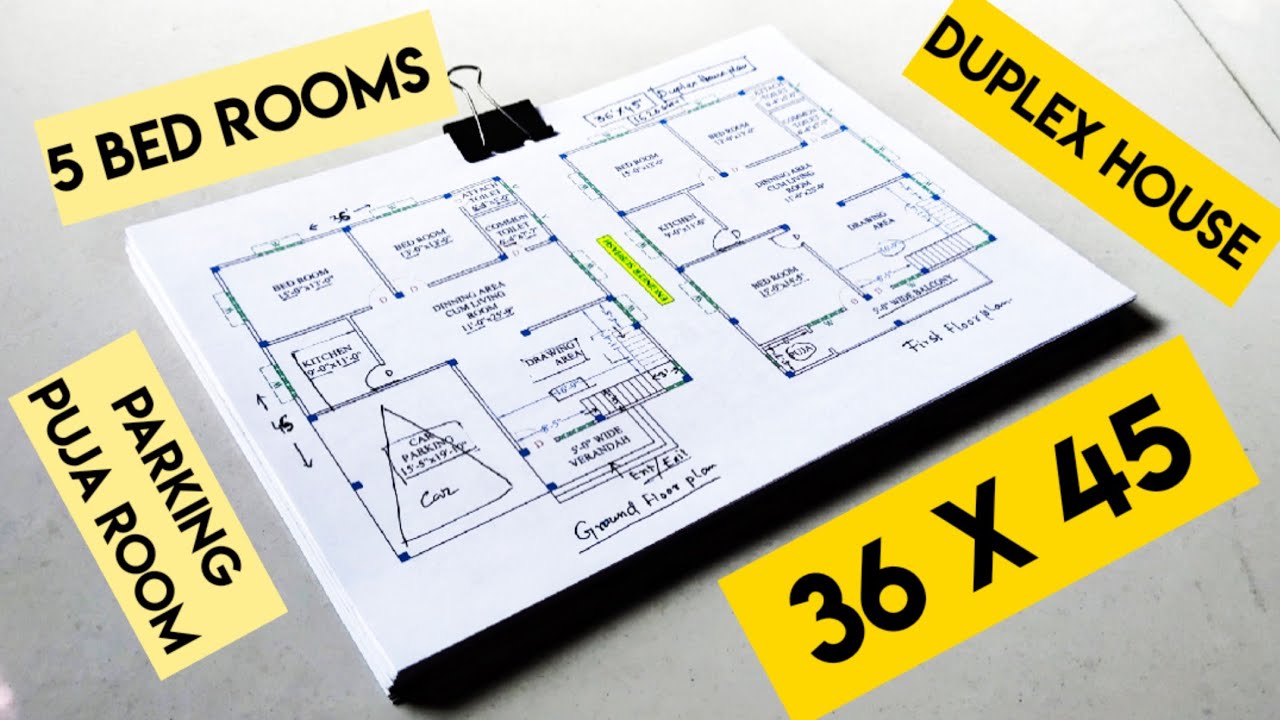 36 x 45 duplex house plan design II 36 x 45 ghar ka naksha II 5 bhk ...