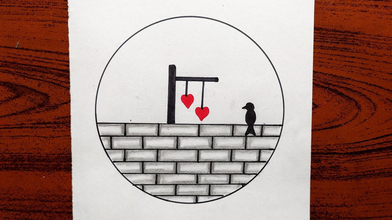Circle drawing|Easy pink heart scenery drawing |Beautiful scenery ...