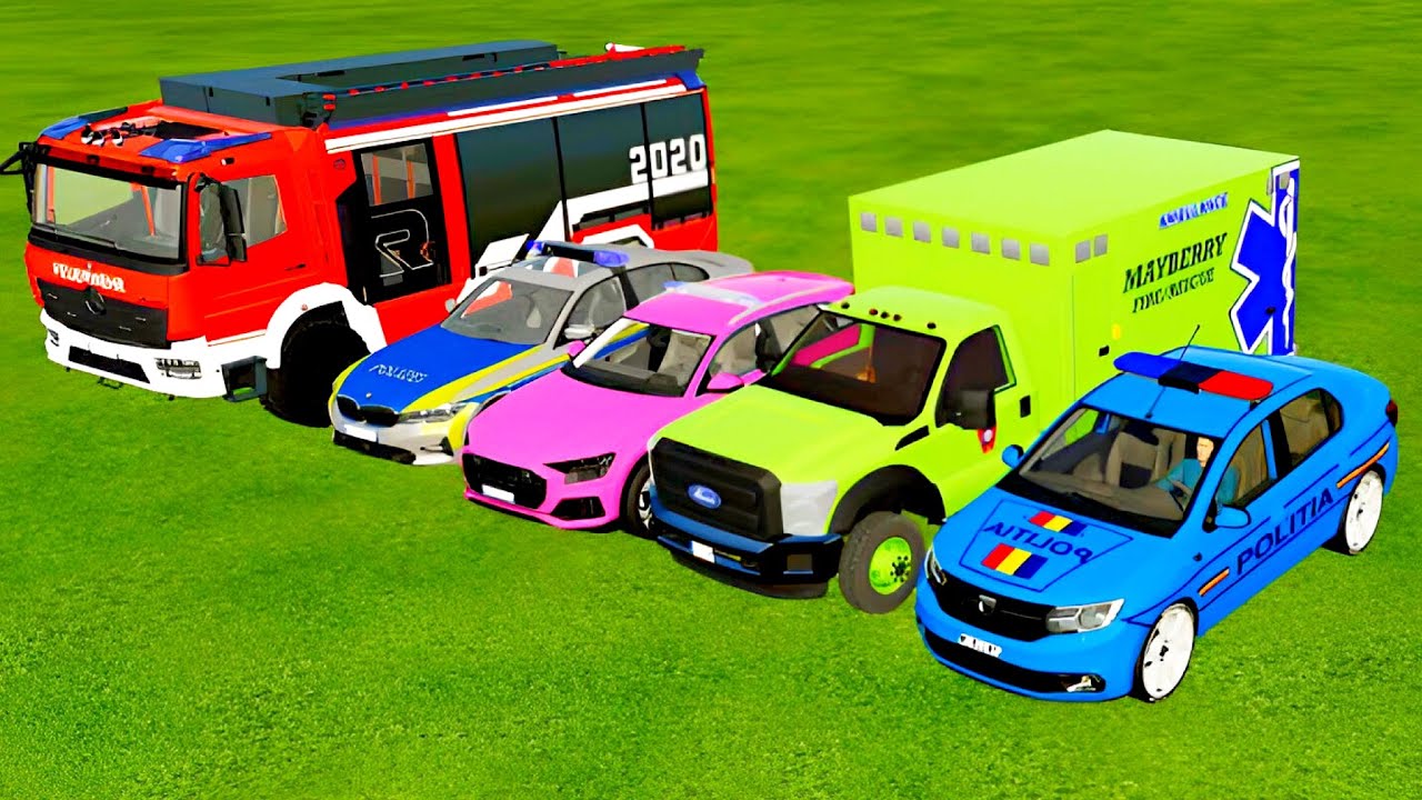 TRANSPORTING DACIA, BMW, AUDI POLICE CARS & RESCUE MERCEDES & FORD WITH ...