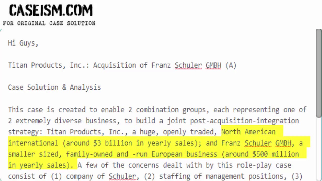 Titan Products, Inc.: Acquisition of Franz Schuler GMBH (A) Case Solution & Analysis Caseism.com ...