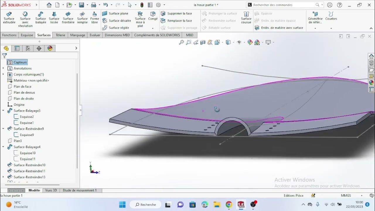 surfacique sur SolidWorks tutoriel pour débutant surface : extrude , balayée , lissée ...