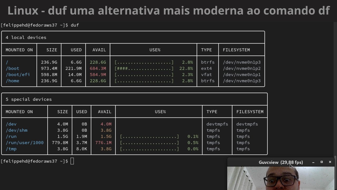 Linux - duf uma alternativa mais moderna ao comando df - YouTube