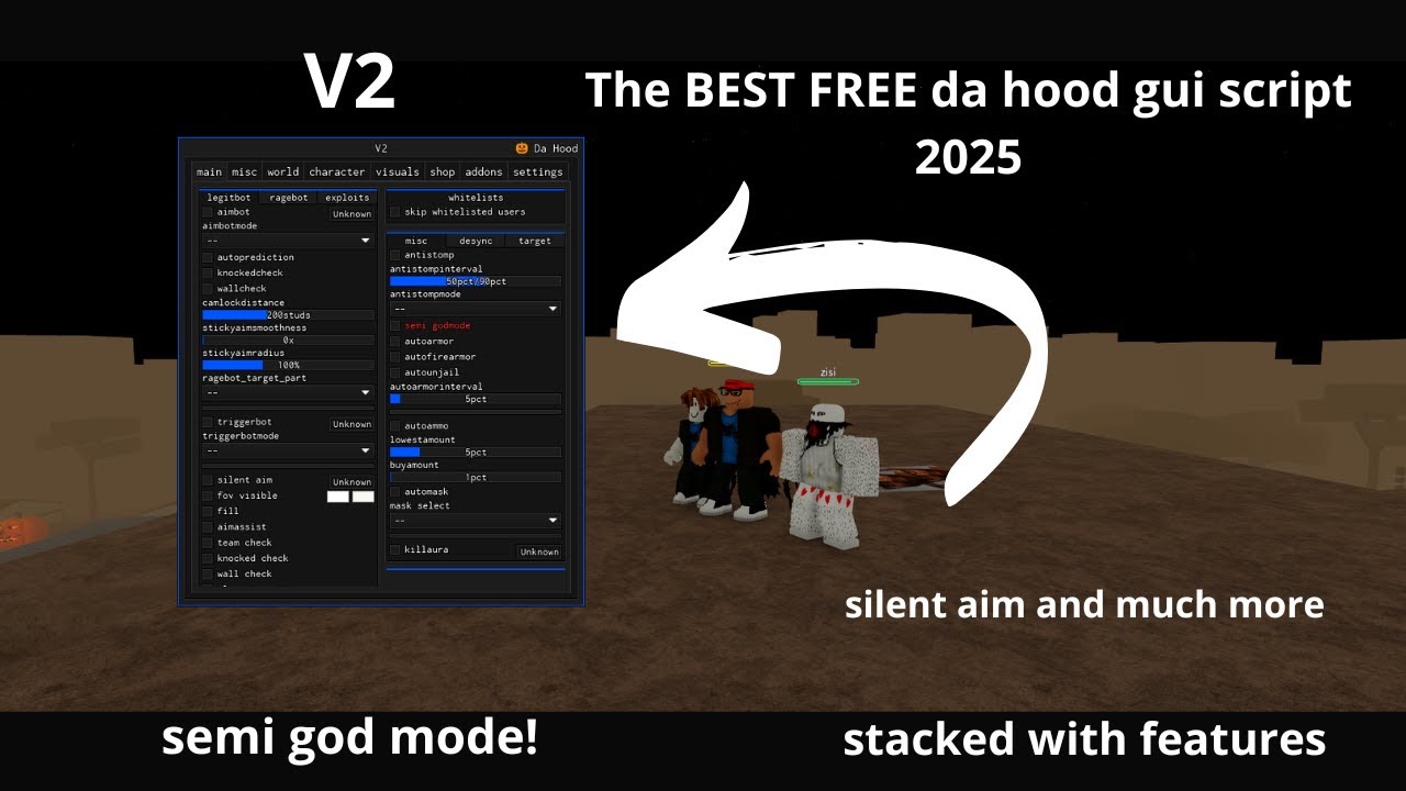 The BEST FREE da hood gui script 2025, semi godmode, silent aim, rage ...