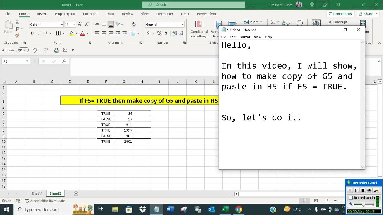 If F5 = TRUE then make copy of G5 and paste in H5 in Excel - YouTube