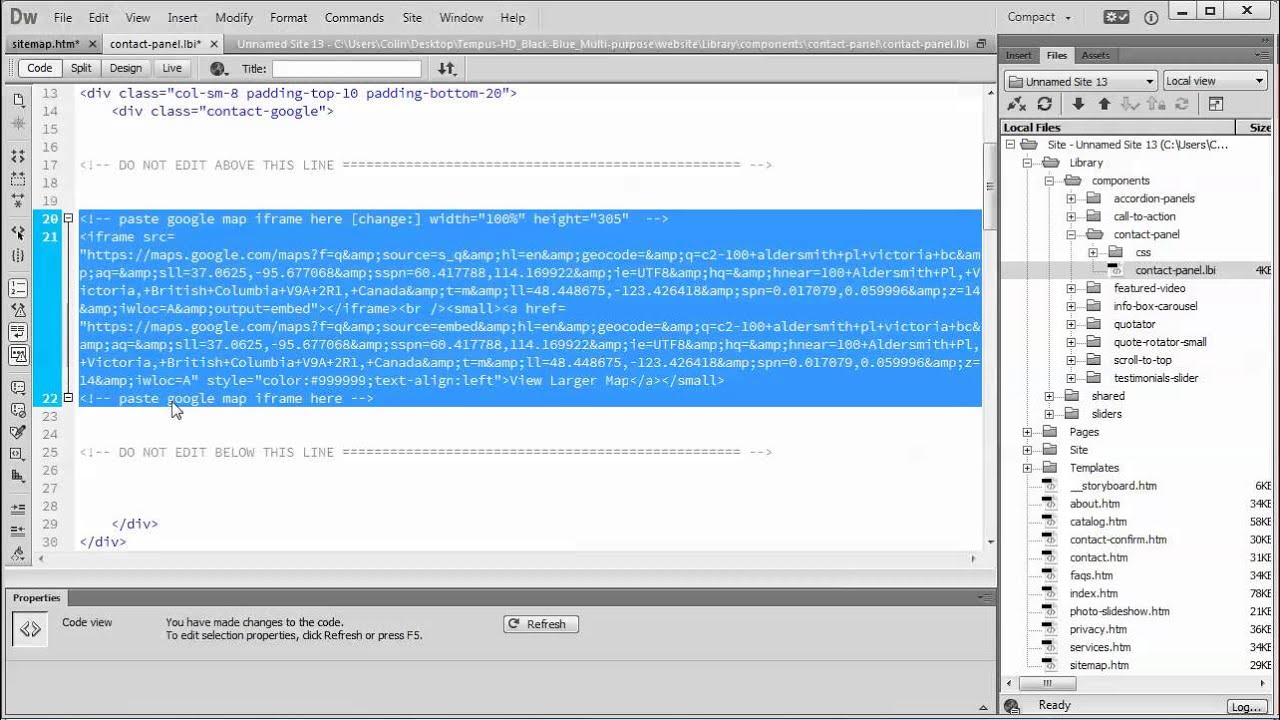 Dreamweaver contact panel remove page site - YouTube