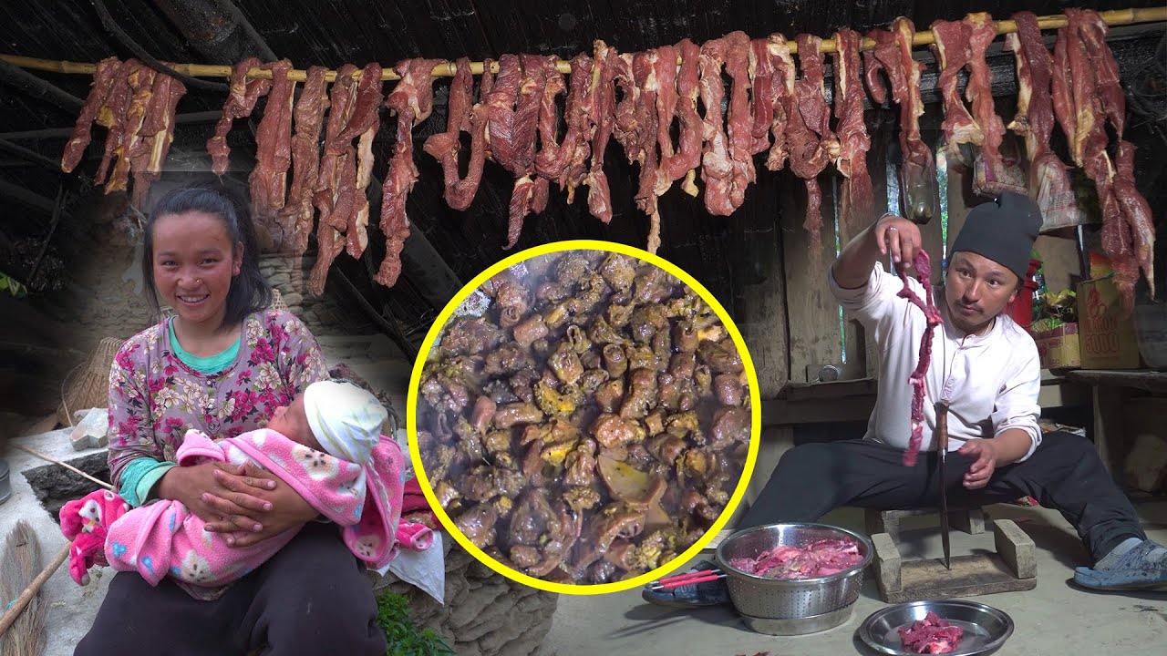 Buff Dry meat making & Coking, Eating Recipe with Rice in Village ...