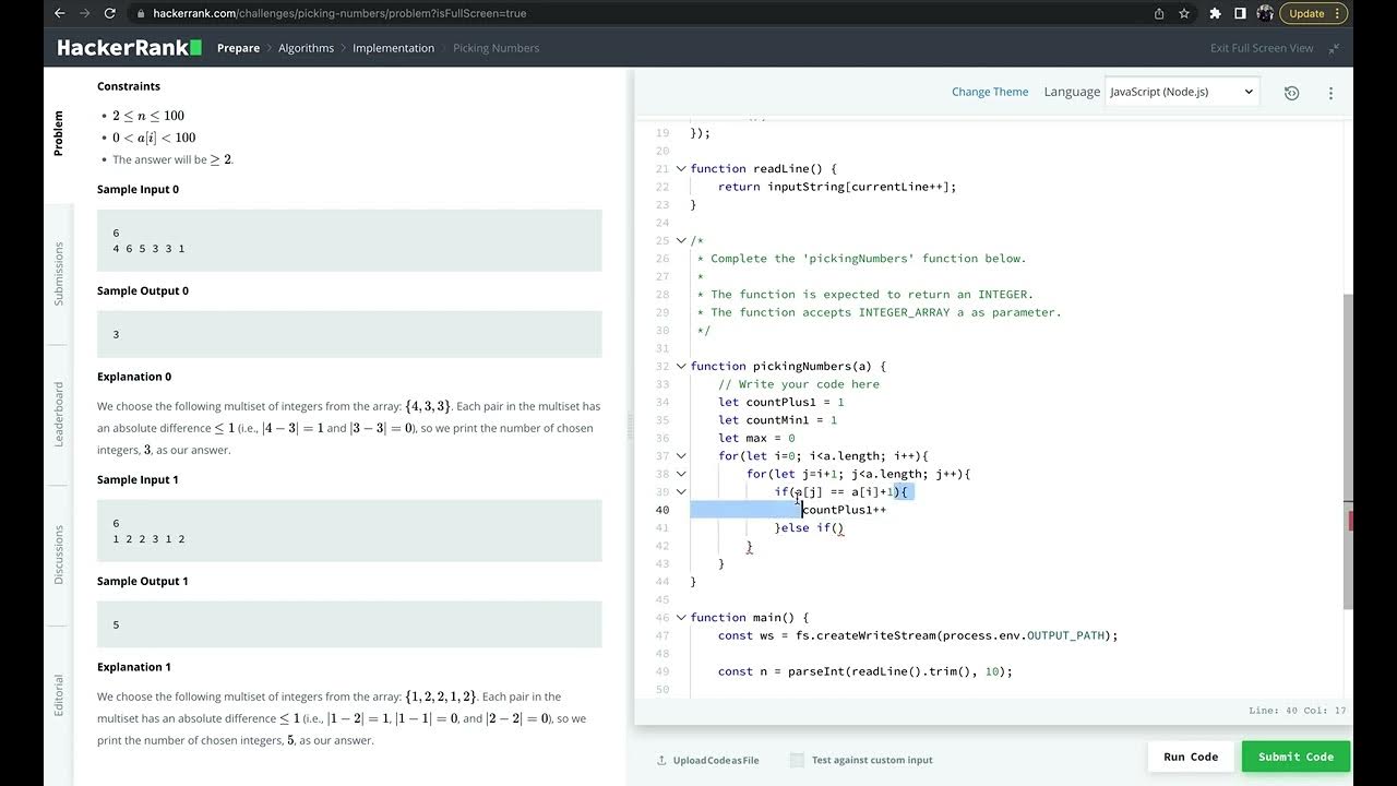 Hackerrank Algorithm Solution Picking Numbers Javascript Youtube