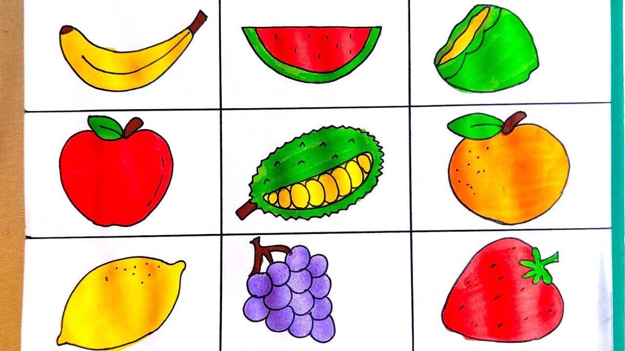 9 different types fruits drawing for beginners/easy fruit chart draw ...